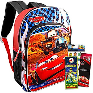 Walt Disney Studio Disney Cars Backpack School Set for Boys Kids ~ Bundle with Deluxe 16 Inch Cars Lightning McQueen School Bag, 350+ Stickers, and More (Disney Cars School Supplies)