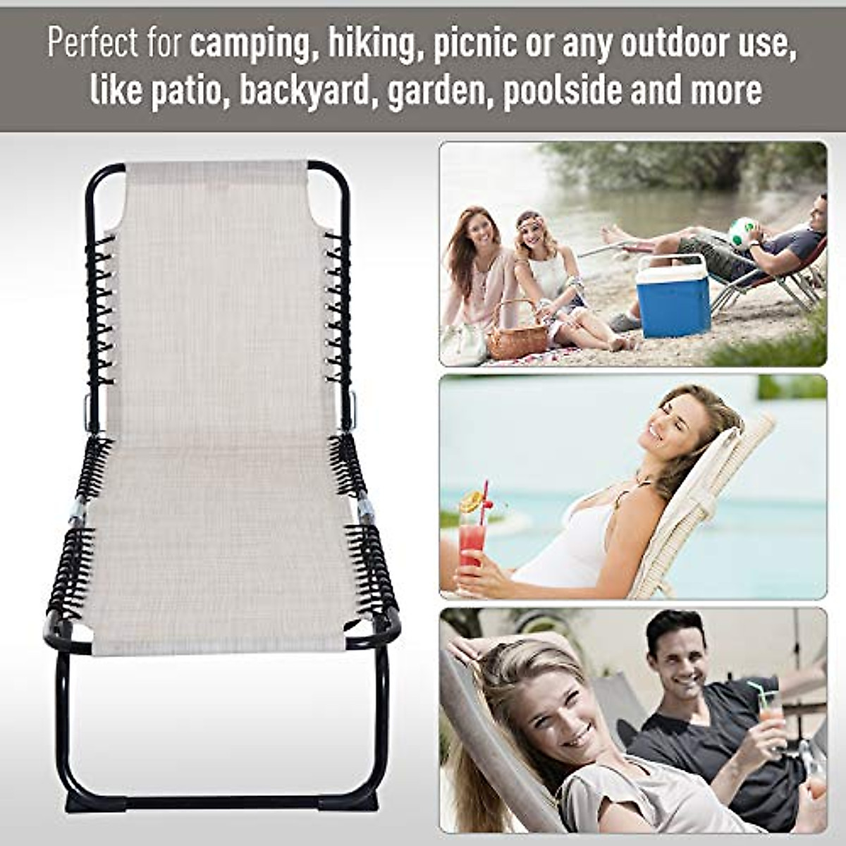 Outsunny Folding Chaise Lounge Pool Chairs, Outdoor Sun Tanning Chairs, Folding, Reclining Back, Steel Frame & Breathable Mesh for Beach, Yard, Patio, Cream White