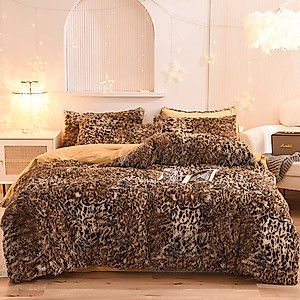 Mengersi Leopard Print Duvet Cover Set Shaggy Fluffy Duvet Cover Set,Luxury Ultra Soft Crystal Velvet Duvet Cover,Faux Fur Quilt Cover with Pillow Shams,Zipper Closure Queen Size