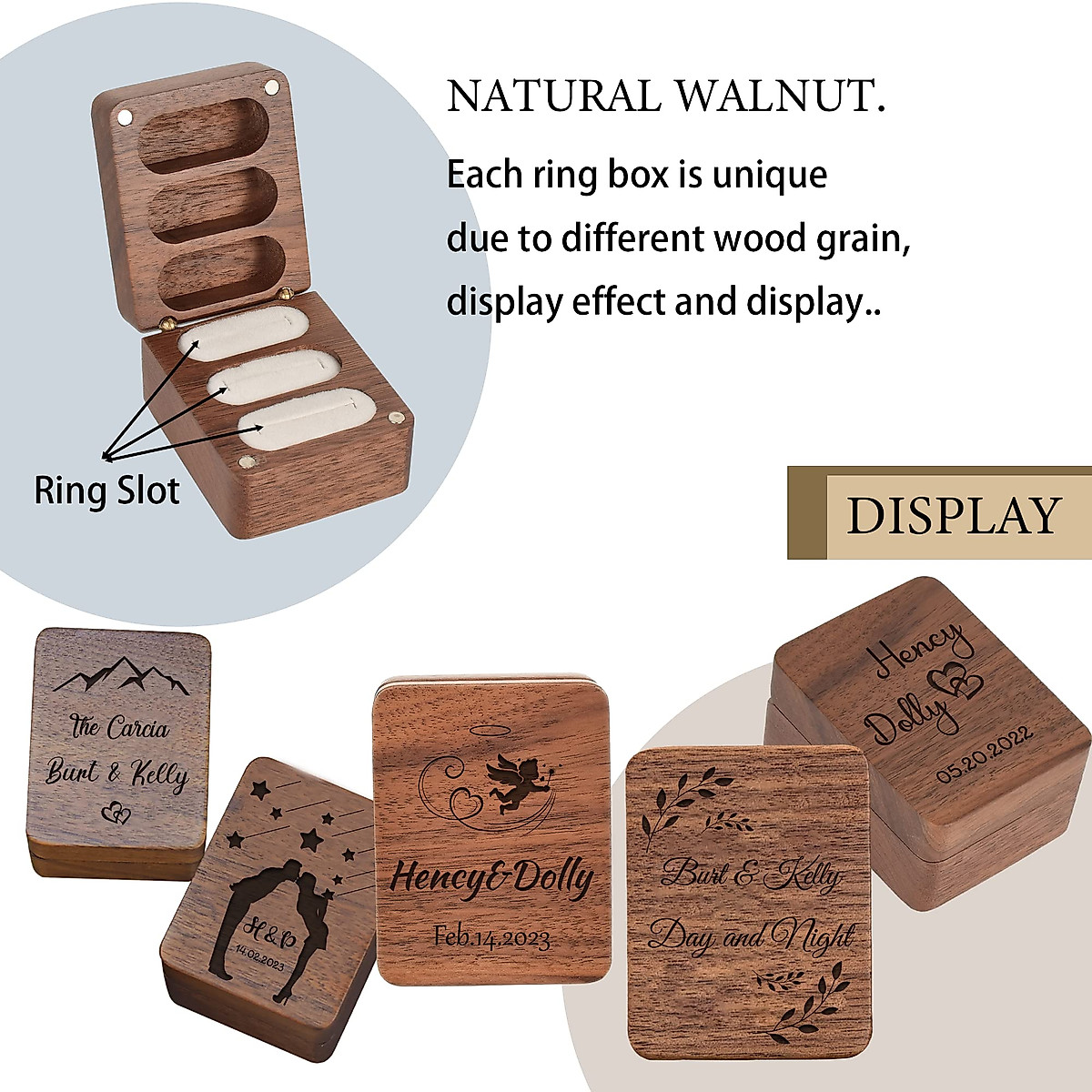 Personalized Solid Wood Ring Box for Wedding Ceremony, Rectangular Box for Ring Storage 3 Slots, Custom Engagement Ceremony Ring Box, Walnut Wooden Heirloom Ring Box Holder