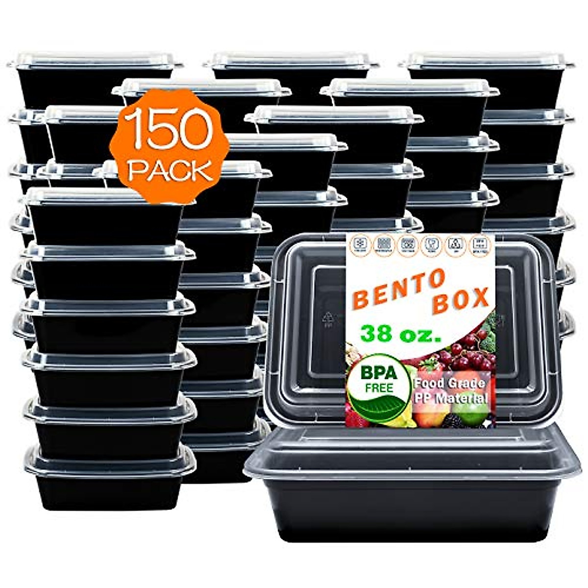 New Century, 150-Pack [38 oz] 1-Compartment Food Container - Rectangular Meal Prep Bento with Lid - Portable Lunch Box - Stackable - BPA Free - Freezer/Microwave/Dishwasher Safe - Reusable Storage