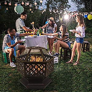 Fire Pits 22" Multifunctional Fire Pit Bowl, Hexagonal Shaped Iron Burning Outdoor Firepit Steel BBQ Grill Fire Bowl for Camping Patio Backyard Garden Picnic Bonfire
