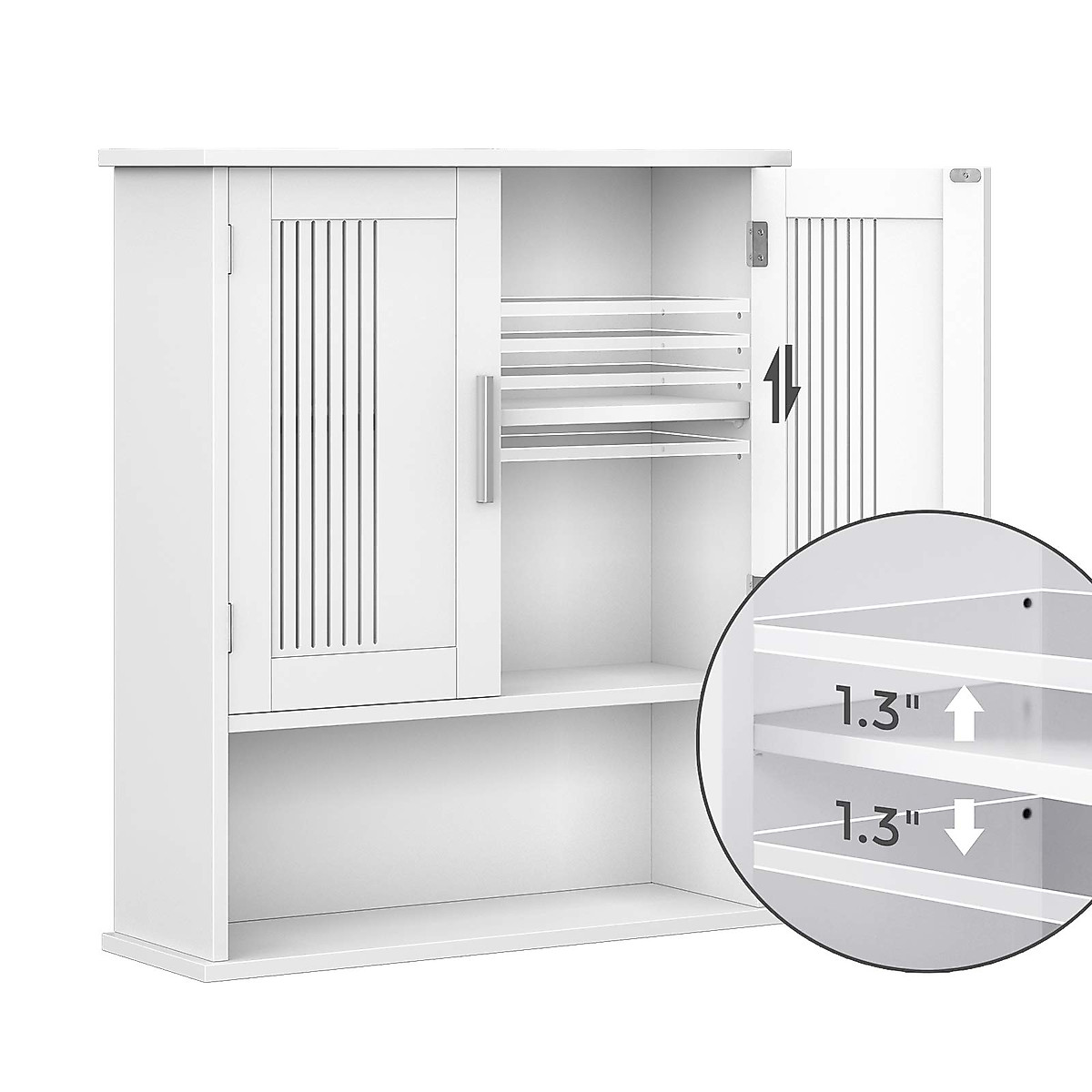 VASAGLE Wall Cabinet, Hanging Bathroom Storage Organizer, Medicine Cupboard with Adjustable Shelf, Double Doors and Open Shelf, 23.6 x 7.8 x 27.5 Inches, Wooden, White UBBC26WT
