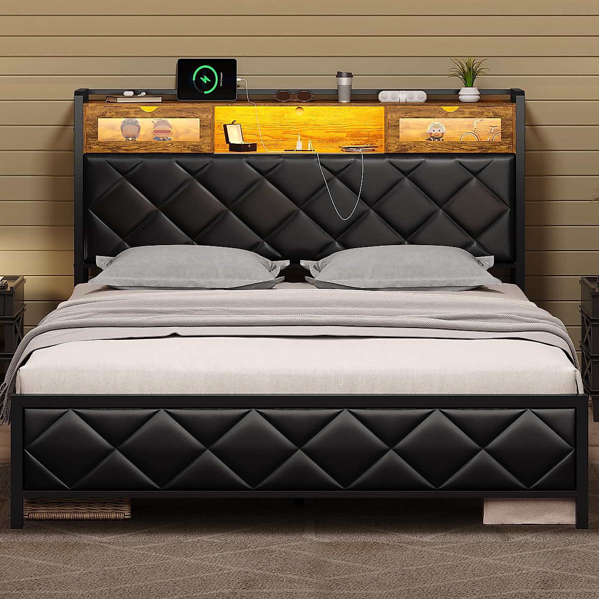 DICTAC Queen LED Bed Frame with Bookcase Storage Headboard, Charging Station,Hidden Storage Space Metal Platform Bed Frame with Storage Shelves & LED Lights,Faux Leather,Heavy Duty Metal Slats,Black