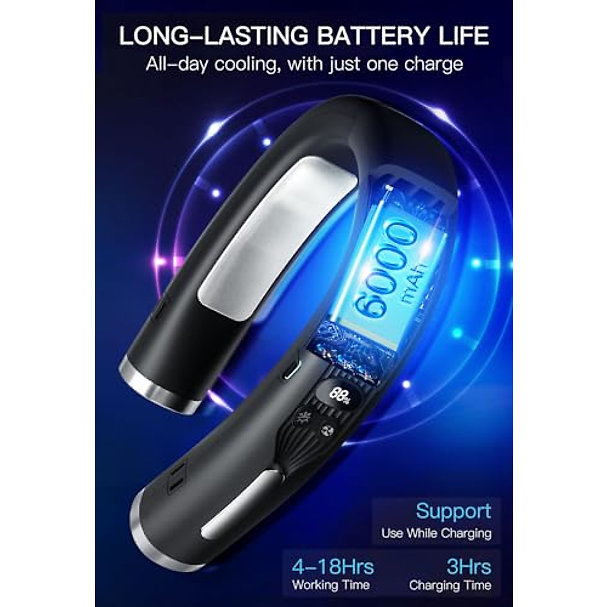 LIOURY Neck Air Conditioner Portable, 3D Airflow Cooling Neck Fan 6000 mAh Neck Air Conditioner with 2 Cooling Plates, Charge & Use Simultaneously Neck Cooler & Heater (Black)