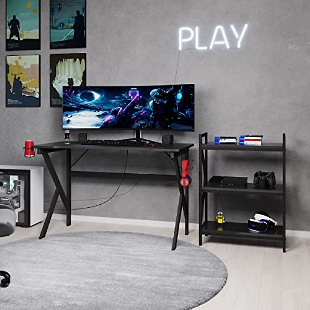 3 Shelf Bookcase - Console Table or Storage Shelf with Carbon Fiber Texture Finish and K Shaped Legs by Lavish Home (Black)