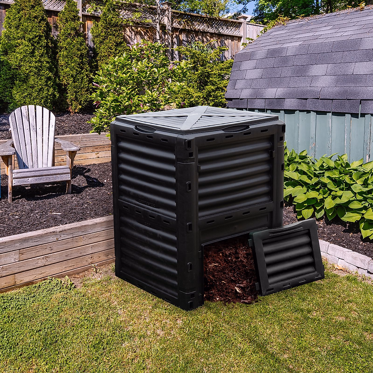 Goplus Compost Bin, 80 Gallon (300 L) Large Outdoor Composting Box w/Top Flip Latch-on Lid, Bottom Exit Door, BPA Free Material, Grass Food Trash Composter Barrel for Garden Yard (Black)