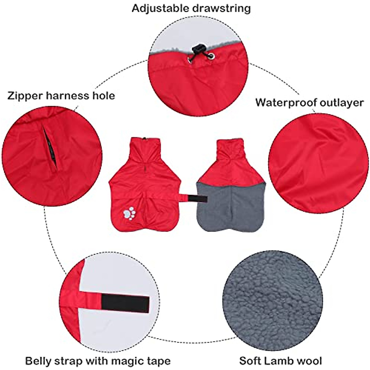 Winter Warm Jacket Waterproof Greyhound Dog Winter Coat with Warm Lamb Wool Lining, Outdoor Dog Apparel with Adjustable Bands for Medium, Large Dog -Red-M