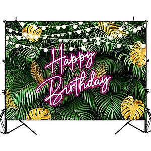 Sensfun Hawaiian Tropical Palm Leaves Happy Birthday Backdrop Aloha Luau Pink Neon Birthday Jungle Green Leaves Photo Background Adults 30th 40th 50th Birthday Decorations Banner Photo Props 7x5ft