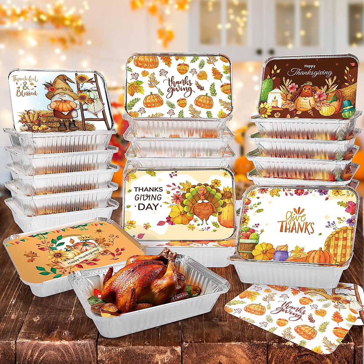 36 Pcs Thanksgiving Foil Containers with Lid Covers, Fall Autumn Harvest Theme Disposable Aluminum Foil, Baking Pan Cake Pan Food Foil Pans for Thanksgiving Party Supplies Fall Leftovers & To-Go Meals