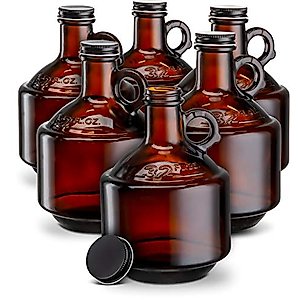KooK Amber Glass Bottles, Growlers, with Black Plastisol Lined Lids, Beer, Soda, Cider, Kombucha, Set of 6, 32oz