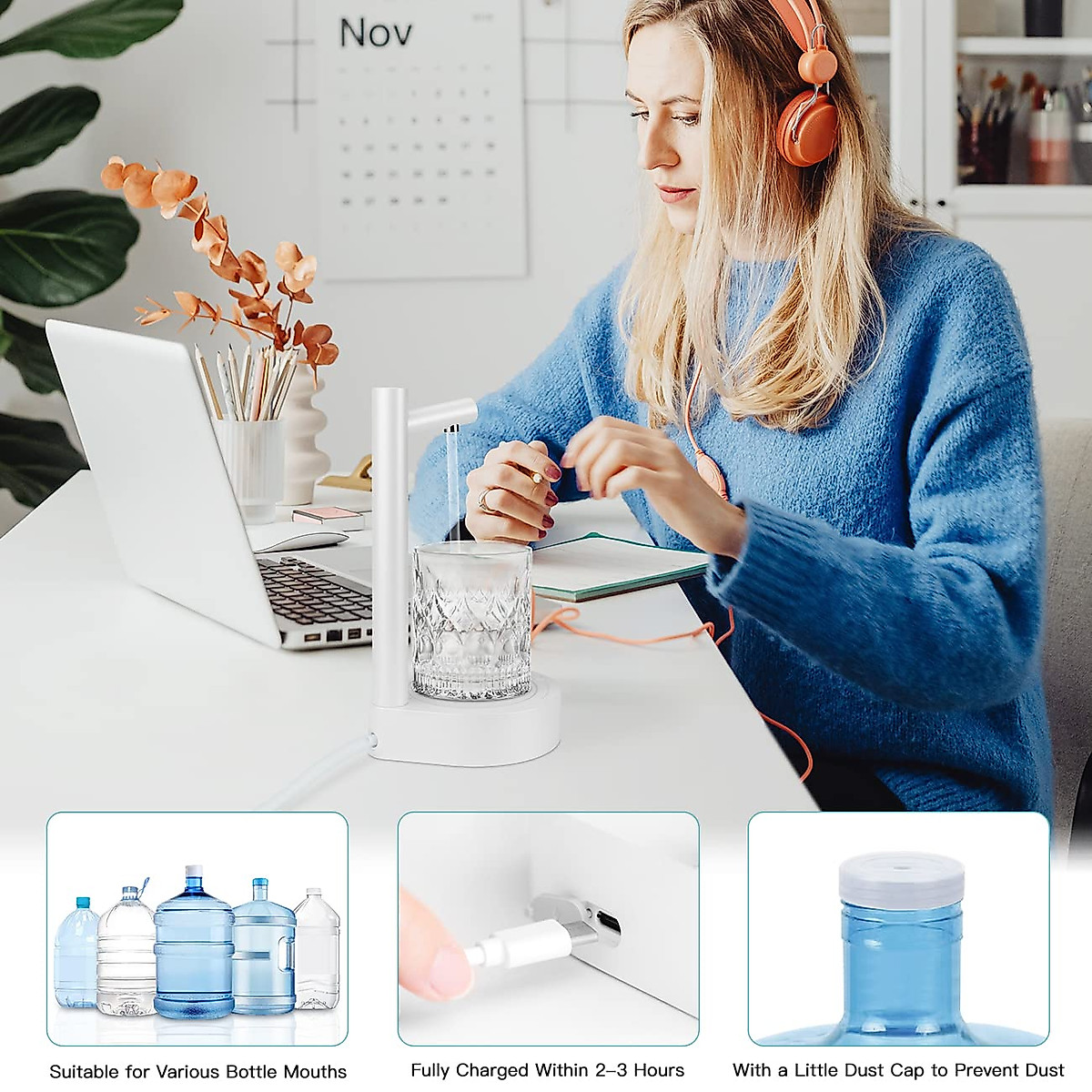 Water Dispenser for 5 Gallon Bottle Intelligent Desktop Water Dispenser Countertop for Universal Bottles with Drying Mat Electric Water Pump Smart Table Water Dispenser for Bedside, Office(White)