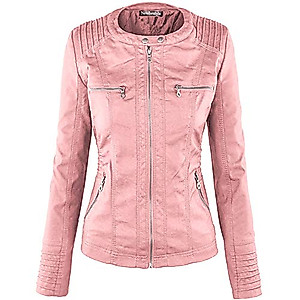 Newbestyle Faux Leather Jacket for Women Casual Moto Biker Jacket Quilted Full-Zip Coat Pink M