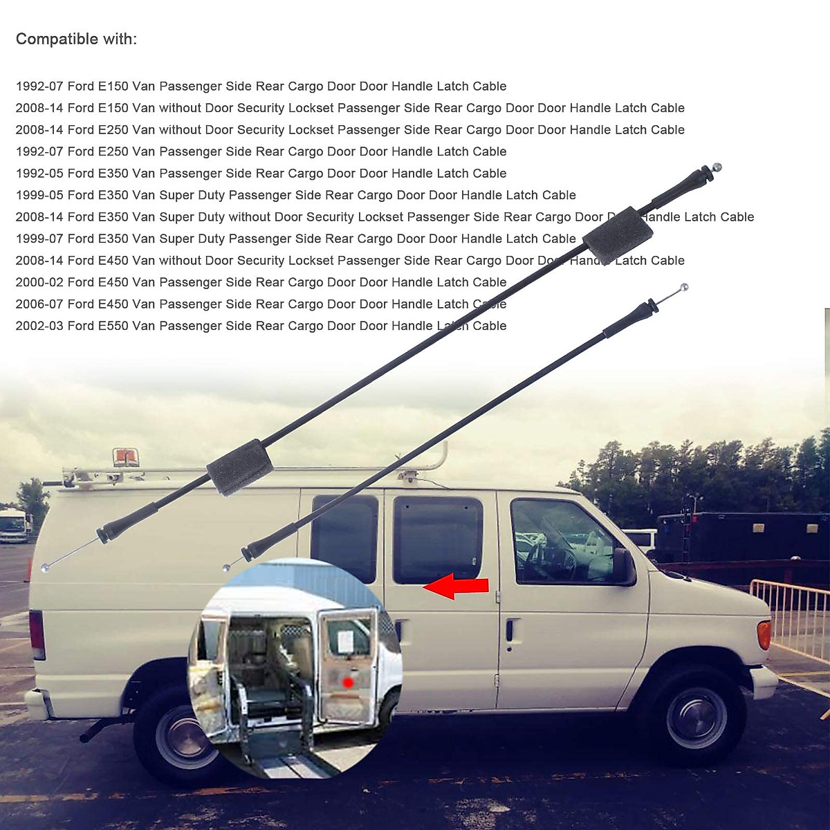Poweka Side Door Latch Release Cable Compatible with Ford E150 E250 E350 Vans 1992-2013 Econoline Super Duty Cargo Door Right Side Hinged Cargo Door Replacement Replace 6C2Z15264A00AB 924-350