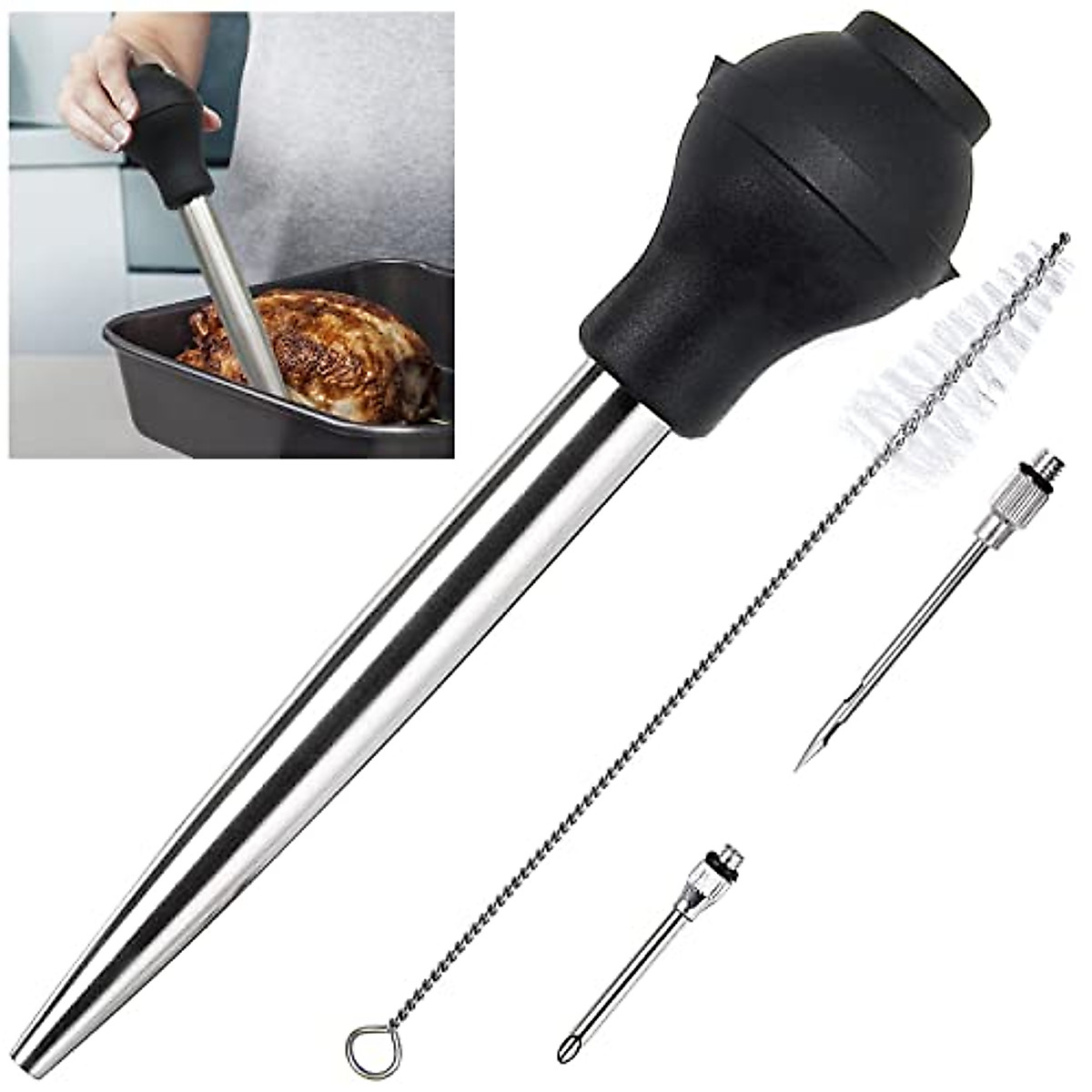 Best Utensils Stainless Steel Turkey Baster Commercial Grade Quality Silicone Bulb Including 2 Marinade Injector Needles And Brush For Easy Clean Up