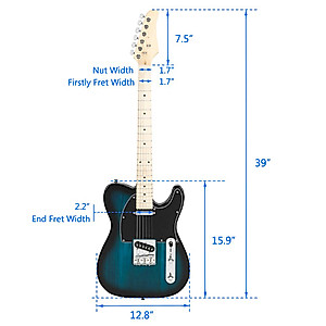 39 Inch Electric Guitar,Maple Fingerboard Electric Guitar SS Pickup Case & Accessories Pack Beginner Starter Package Beginner Kit for Starter (Blue)