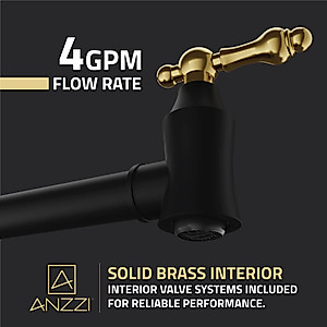 Anzzi Wall Mount Pot Filler Faucet, Double Joint Swing Arms, Single Hole, Solid Brass Interior, Stainless Steel Finish, Matte Black & Brushed Gold, 2 Handle (KF-AZ259MBBG)