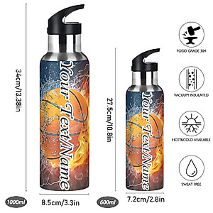 ZOEO Custom Stainless Steel Water Bottle Personalized Name Basketball Fire with Straw Lid Insulated Keeps Hot and Cold Flask Jug for Sports Gym Cycling Outdoor 20 Oz