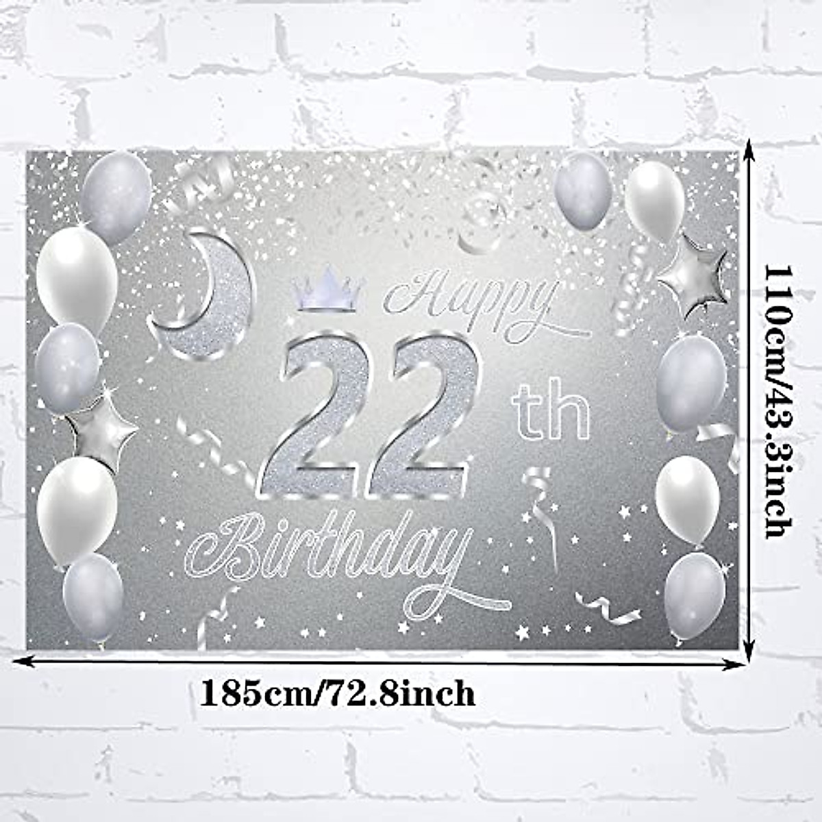Sweet Happy 22th Birthday Backdrop Banner Poster 22 Birthday Party Decorations 22th Birthday Party Supplies 22th Photo Background for Girls,Boys,Women,Men - Silver 72.8 x 43.3 Inch