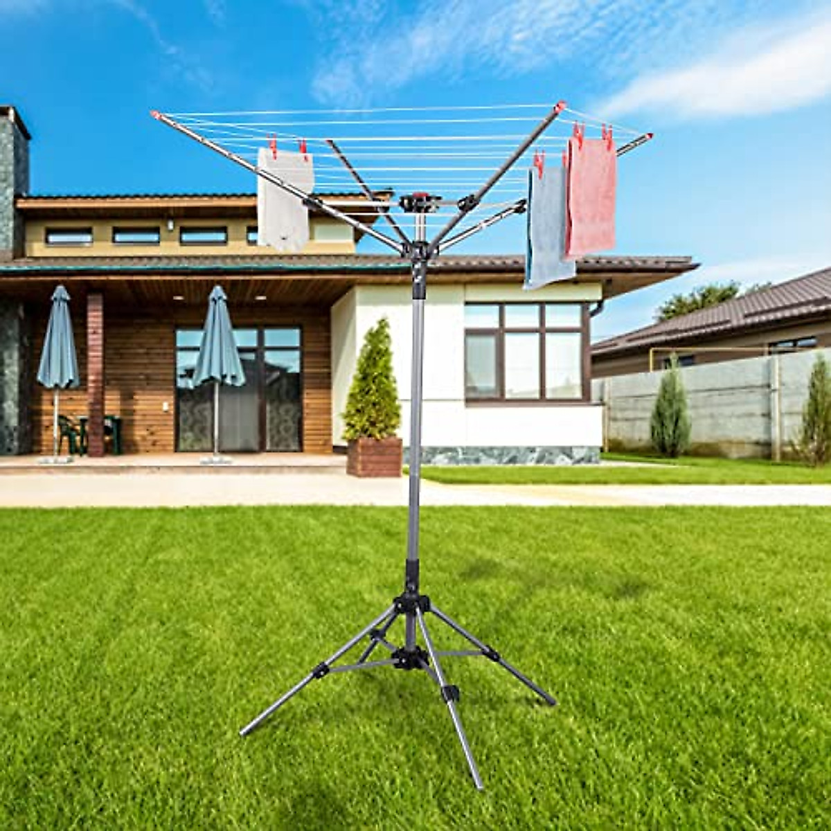 STORAGE MANIAC Outdoor Umbrella Drying Rack, 8 Lines with 82 Feet Drying Space, Steel Frame & Adjustable Height, 4-arm Umbrella Clothesline for Laundry, Collapsible Clothes Drying Rack for Backyard