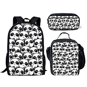 STUOARTE Cartoon Panda Kids Backpack with Lunch Box School 3 Piece Backpack Set for Children with Lunch Box Pen Holder Case, Boys Girls Lightweight Bookbag, 17 Inch Large Backpack for School Hiking Picnic