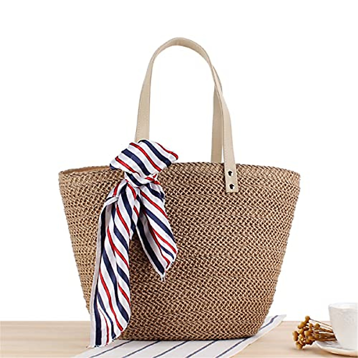 Women's summer beach handbag grass beach bag woven handbag large straw bag with leather handle (10 brown,One Size)