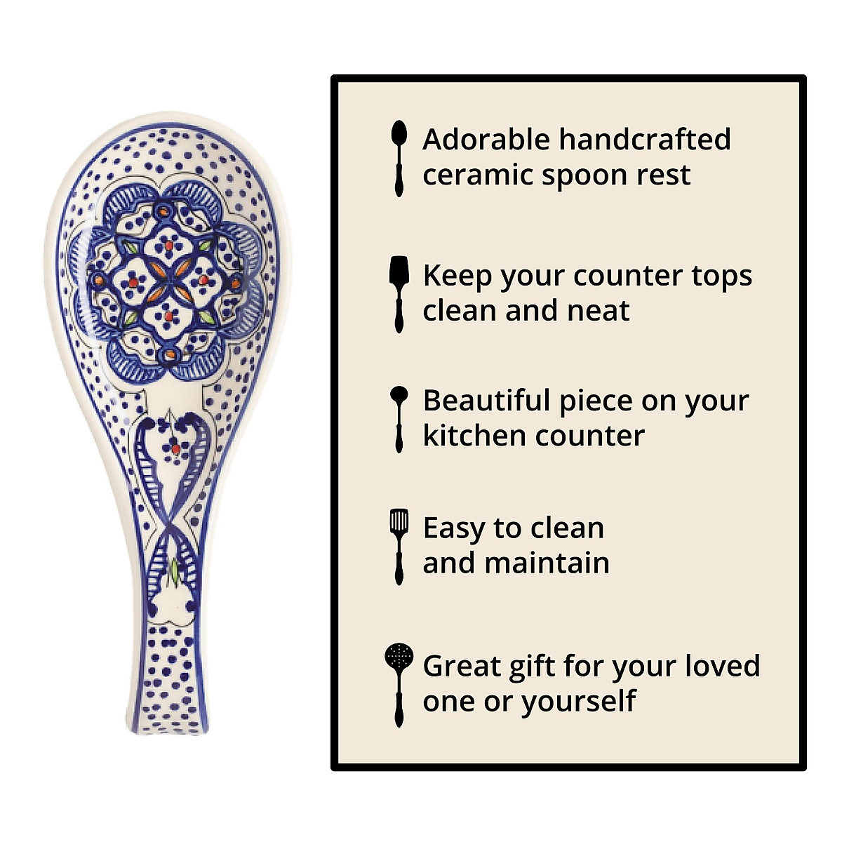 Ceramic Spoon Rest - Artisan Hand Crafted - Hand Painted Blue and White Spain and North Africa Art Deco - Kitchen Counter or Stove Top Utensil Rest