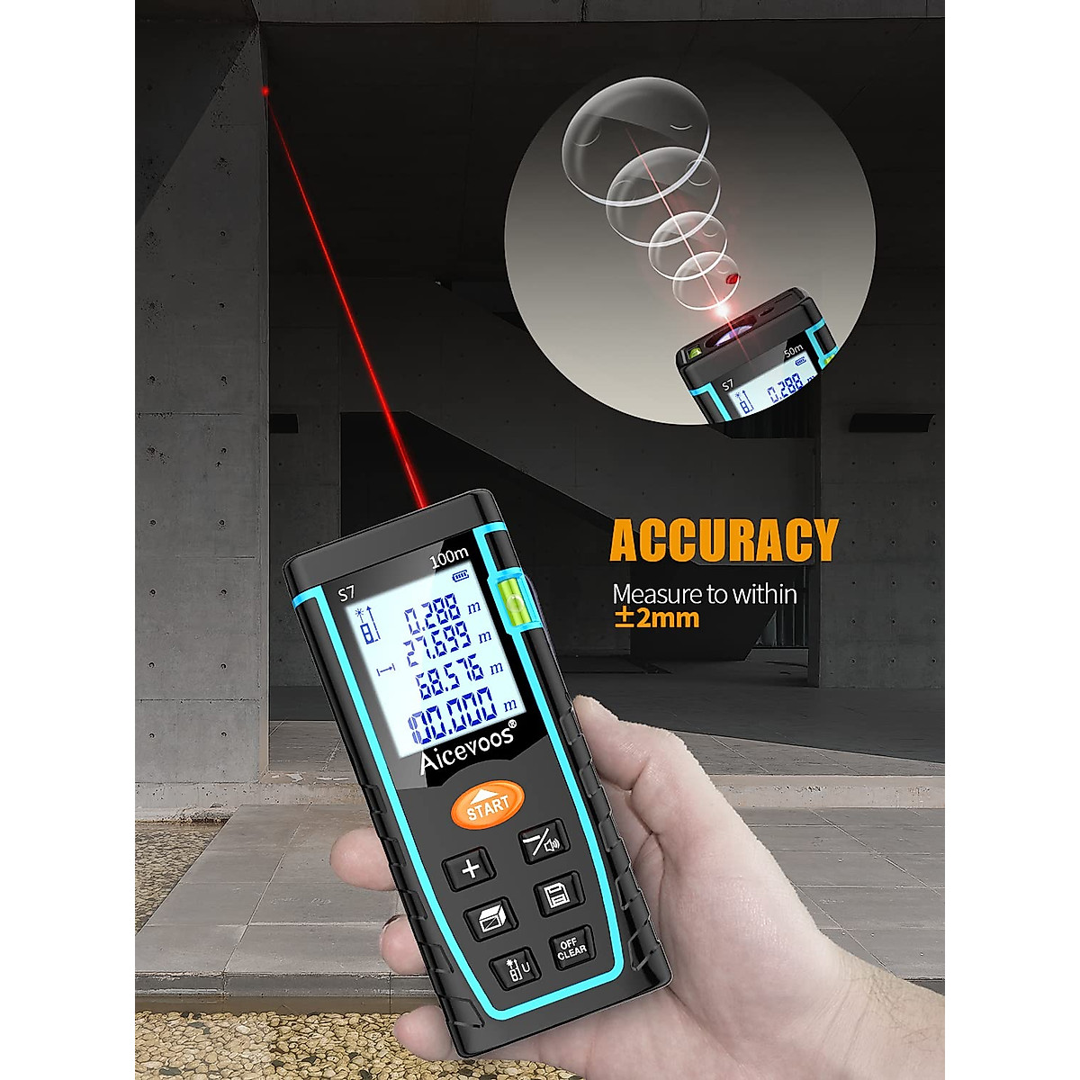 Aicevoos Laser Measure 328ft,Digital Laser Distance Meter, M/in/Ft Unit Switching Backlit LCD 4 Line Display IP54 Shockproof,Measure Distance, Area and Volume | 100M