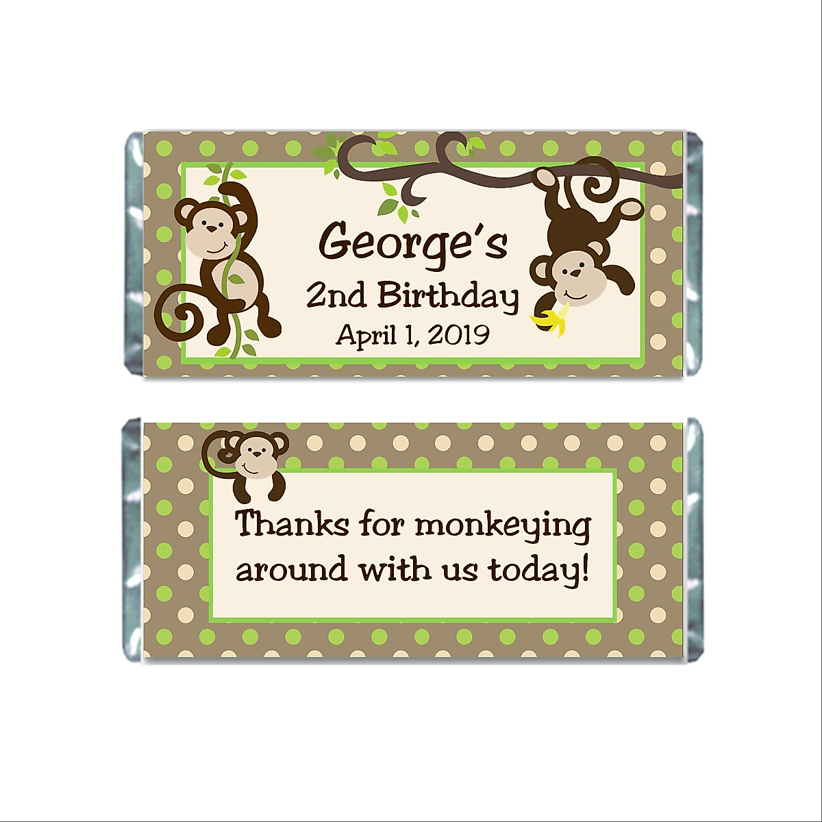 Personalized Candy Wrappers, Monkey Party Favors, Pack of 20 Custom Chocolate Bar Labels