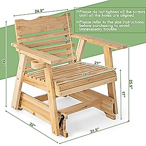 Tangkula Outdoor Fir Wood Glider Chair, Outdoor Swing Glider Chair with Rotatable Hidden Cup Holder and Curved Seat, Outdoor Glider Chair for Porch, Patio, Backyard, Natural (1, Natural)