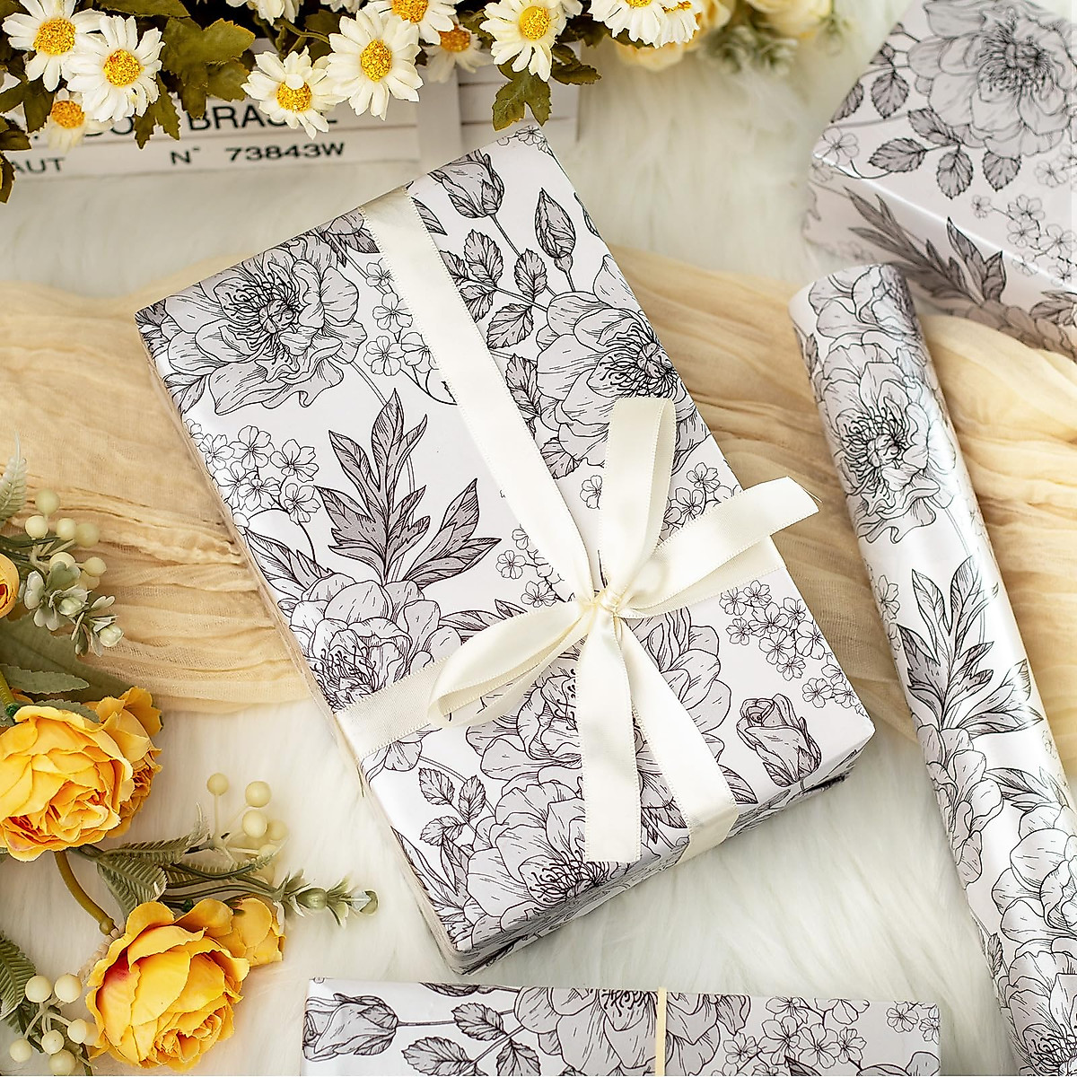 Homeral Shimmer Floral Gift Wrapping Paper Roll-46.8 sq.ft. Black and White Pearly Luster Vintage Flower for Wedding, Birthday, Baby Shower, Anniversaries, Party-17 Inch x 33 Feet