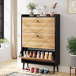Freestanding Shoe Rack Organizer Shoe Storage Cabinet with 3 Flip Down Drawers for Entryway Hallway Closet Wood Grain/Black Black Yellow Metal Finish Adjustable Shelving Includes Hardware