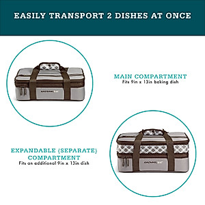 Rachael Ray Expandable Insulated Casserole Carrier for Hot or Cold Food, Thermal Lasanga Lugger Tote for Pockluck, Parties, Picnic, and Cookouts, Fits 9" x 13" Baking Dish, Sea Salt Grey