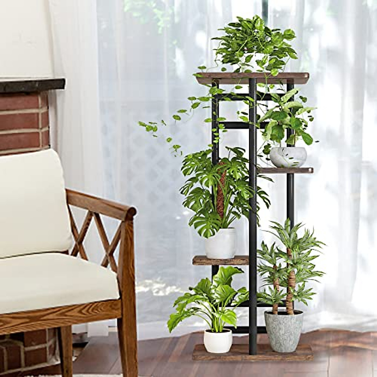 INGIORDAR Plant Stand 4 Tier 5 Potted Indoor Corner Tiered Plant Organizer Metal Flower Pot for Display Multiple Plants Storage Garden Balcony Living Room, Black