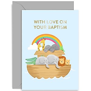 Old English Co. Noah's Ark Baptism Card for Boy or Girl - Cute Animal Bapsitm Card for Godson, Godaughter, Niece, Nephew, Grandchild | Blank Inside with Envelope