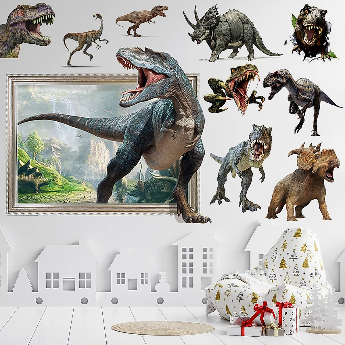 3D Dinosaur Wall Stickers Removable Vinyl Large Dino Stickers 10Pcs Peel and Stick Dinosaur Wall Decals for Family Living Room, Background Wall Decoration, Kids Boys Room