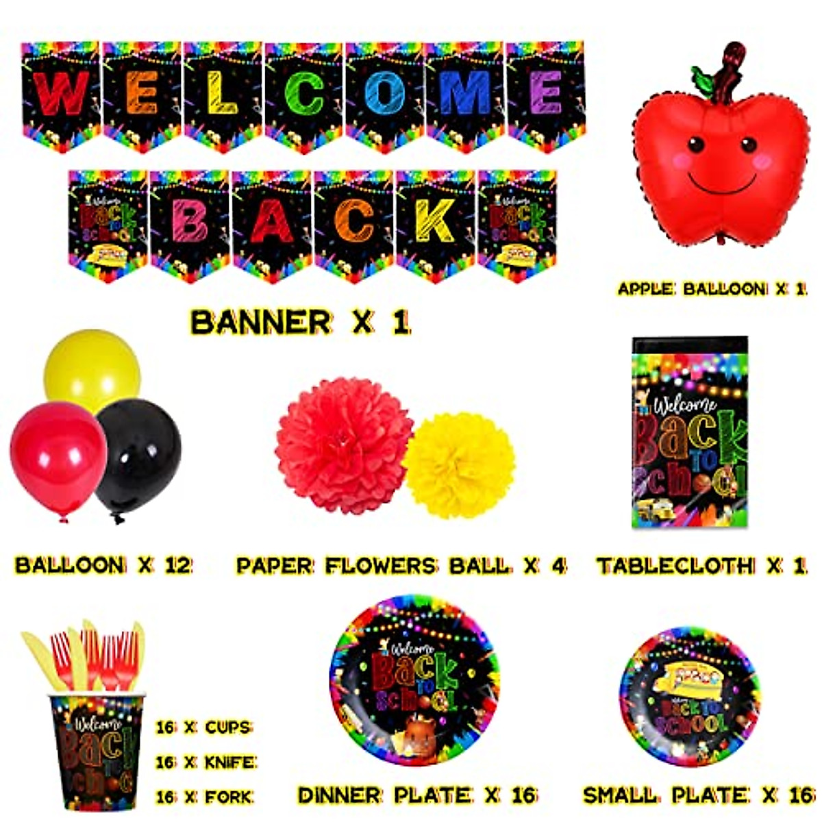 Welcome Back to School Decorations-School Bus Party Supplies Cutlery Set Back to School Banner, Back to School Tablecloth, School Bus Plate for Bus Wheel Parties School Bus Themed Party (BLACK)