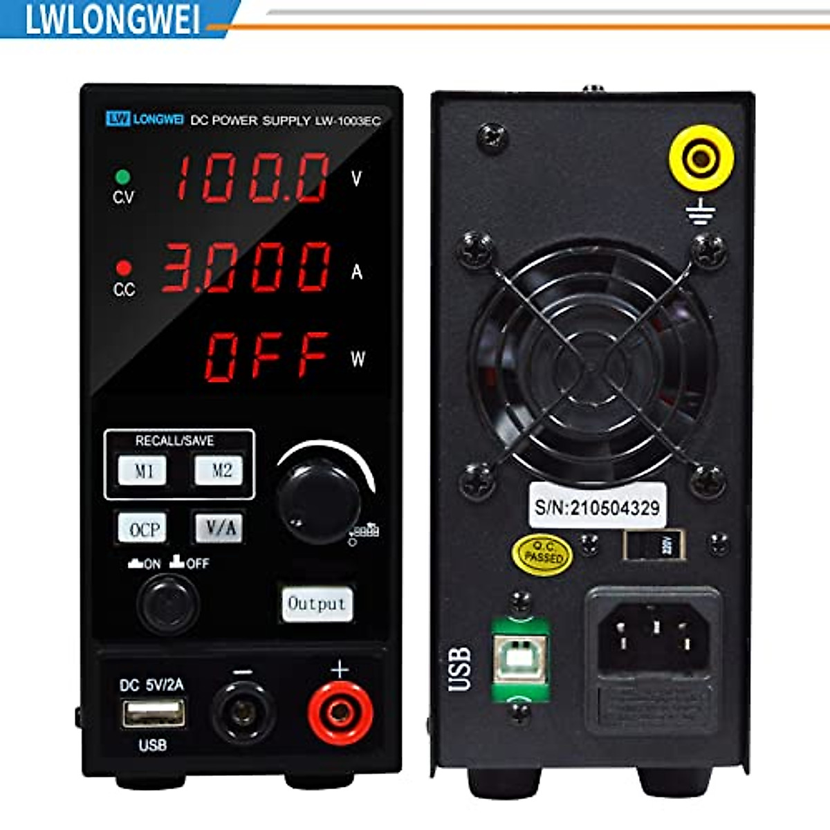 Lwlongwei Programmable DC Power Supply Variable, 100V 3A 300W Adjustable Switching Regulated DC Bench Power Supply with 4-Digits LED Power Display 5V/2A USB Output, Coarse and Fine Adjustments