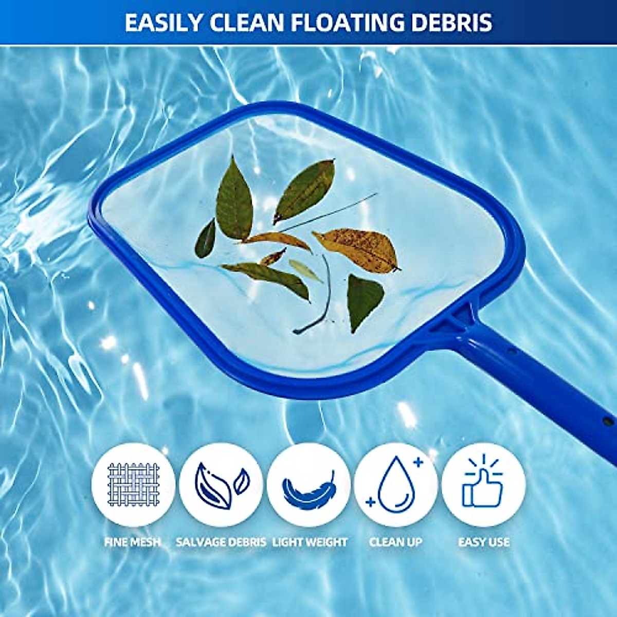 Pool Skimmer Net Pool Leaf Rake with Durable Deep Bag, Detachable Aluminum Frame, Pond Cleaning Scoop for Inground and Above Ground Swimming Pools Hot Tubs Spa (Large, Blue (with Pole))