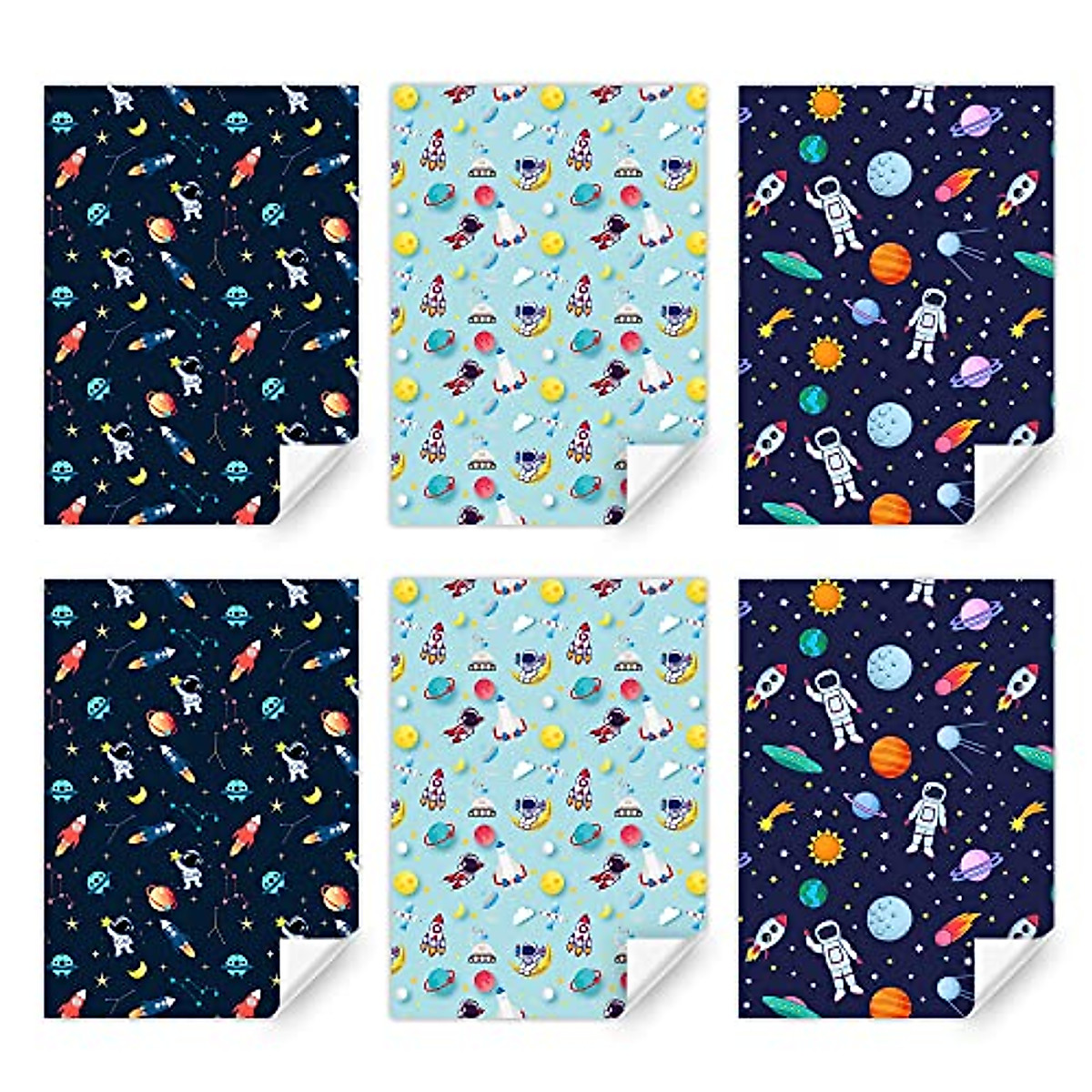 Birthday Wrapping Paper 6 Sheets Gift Wrap 20 x 30 inches per sheet (Folded Flat 6 sheets in 3 Designs: 26 sq. ft. ttl.), Astronaut Solar System Planets Rocket Alien Galaxy Pattern- for Space Lover Boys Kids Baby Shower Kindergarten Party