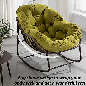 Luccalily Outdoor Front Porch Papasan Rocking Cozy Chair, Indoor Padded Cushion Recliner Chair, Oversize Egg Chair for Patio, Yard, Garden, Living Room (Olive)
