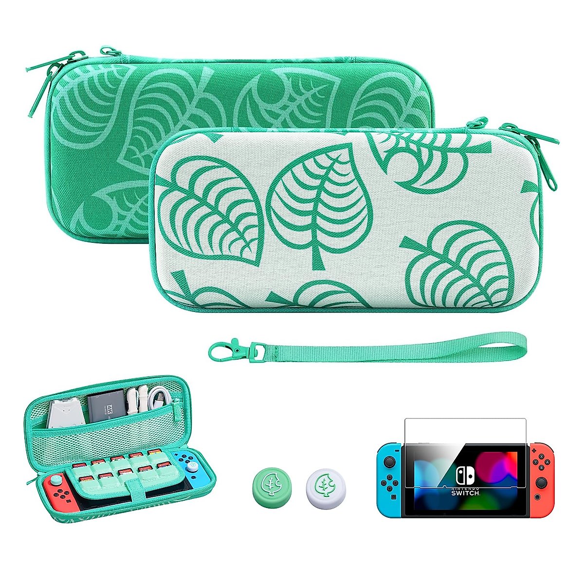 JINGDU Carrying Case for Switch, 4 in 1 Protective Storage Bag Set with Game Card Slots for Leaf Crossing Switch Console include Screen Protector & Thumb Grips & Hand Strap