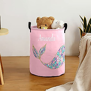 Mermaid Pink Large Storage Basket Personalized Laundry Hamper with Name Bathroom Home Decor Collapsible Round Storage Bin Boxes Clothing for Gift