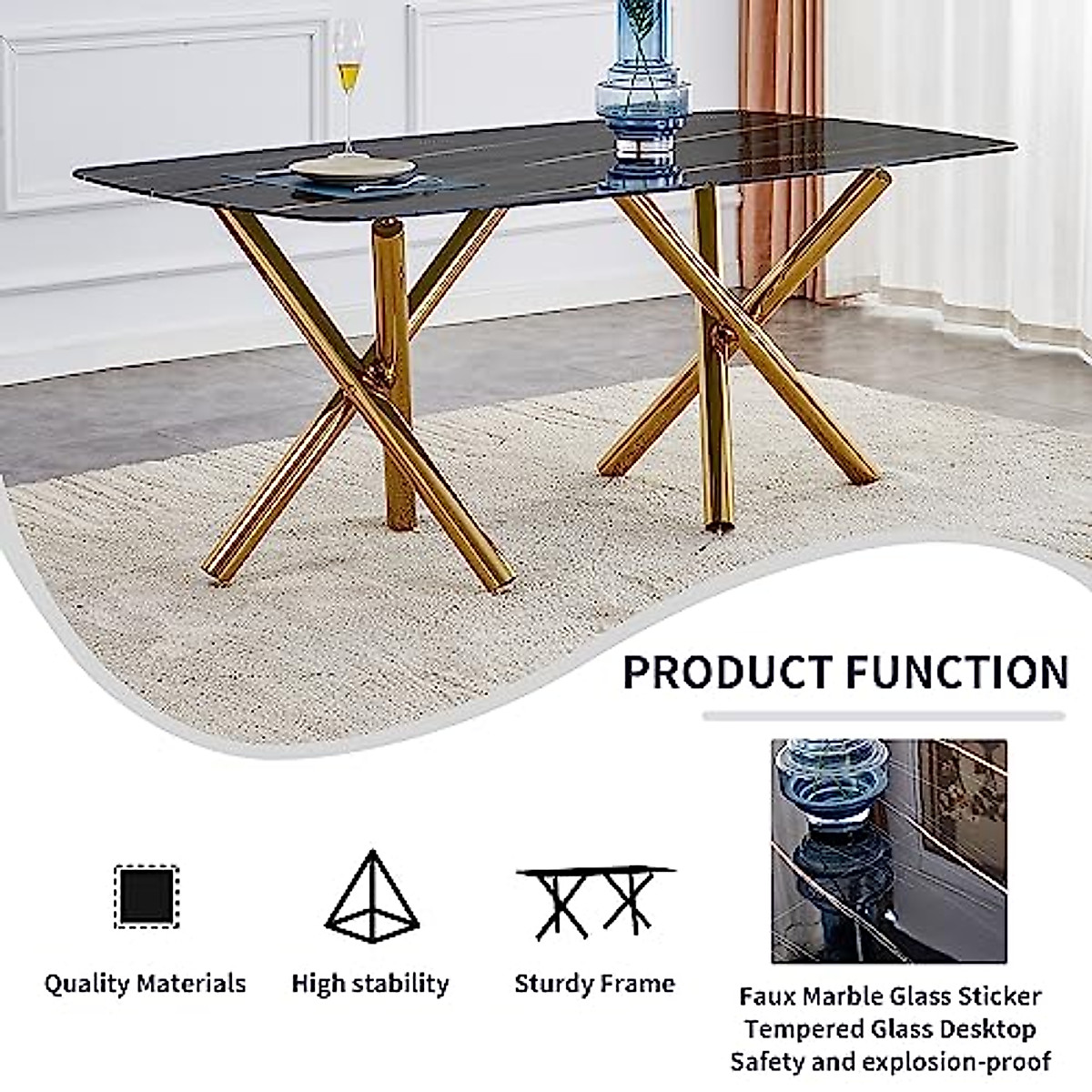 71’’ Modern Glass Dining Table for 8, Large Rectangular Dining Room Table with Golden Metal Legs, Minimalist Kitchen Table for Restaurant, Meeting Room, Imitation Marble Black Desktop