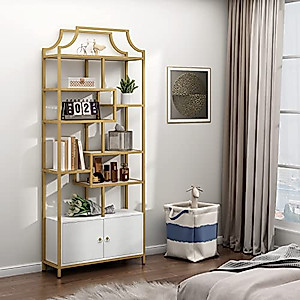 Loomie 8-Open Shelf Bookshelf with Cabinet, 76.77" H Lux Etagere Bookcase, Tall Storage Display Modern Open Book Shelf, Metal Geometric Book Case for Bedroom, Home Office & Living Room, Gold & White