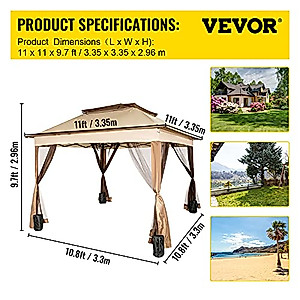 Happybuy Outdoor Canopy Gazebo Tent, Portable Canopy Shelter with 11'x11' Large Shade Space for Party, Backyard, Patio Lawn and Garden, 4 Sandbags, Carrying Bag and Netting Included, Brown