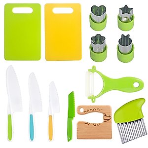 Higoney 13pcs Kitchen Set for Toddlers, Kids Knife Set for Real Cooking,Toddler Safe Knives Set with Cutting Board Fruit Vegetable Crinkle Cutters Serrated Edges Plastic-Kids Kitchen Tools