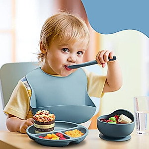 15 Pcs Baby Led Weaning Supplies, Silicone Baby Feeding Set, Suction Bowl Divided Plate with Suction Adjustable Bib Soft Spoon Fork, Infant Baby Toddler Self Eating Utensil (Blue, Green, Gray)