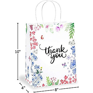 Purple Q Crafts Thank You Gift Bags 50 Pack 8" X 4" X 10" Small Paper Bags With Handles Floral Design Thank You Bags For Business, Boutique, Gifts, Wedding Favors