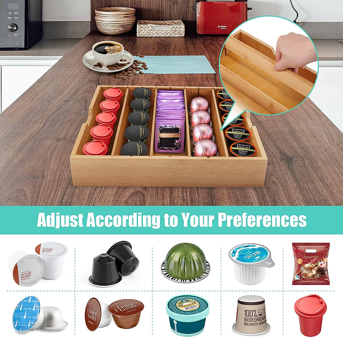 TRUSBER Bamboo K Cup Holder for Counter, Coffee Pod Drawer Organizer Compatible with Nespresso Vertuo Capsules, 25-36 K Cup Drawer Organizer for Coffee Station Home and Office K Cup Storage